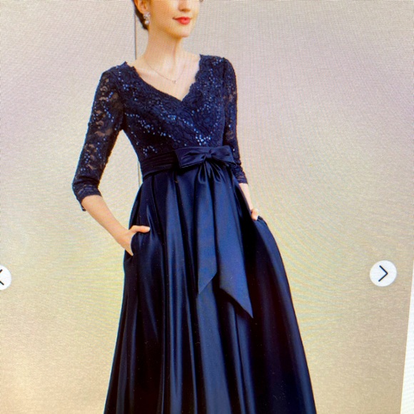 JJs House | Dresses | Navy Aline Vneck Floor Lgth Satin Lace Motb Dress ...